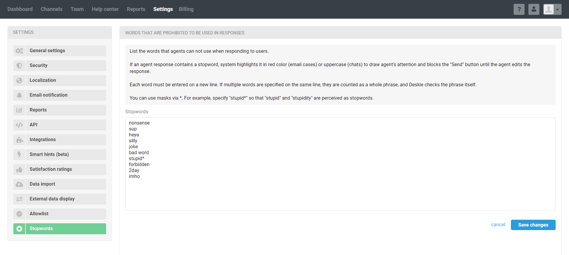 Stopwords in agent responses